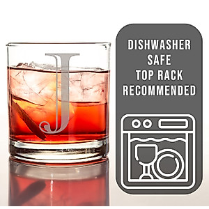 Etched Monogram 11oz Whiskey Rocks Glass (Letter J), A-Z Customized Bourbon Gifts for Men, Personalized Old Fashioned Scotch Glass, Custom Engraved Gifts for Him, Initial, Name, Regalos Personalizados