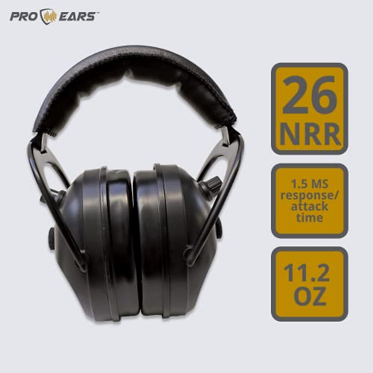 Pro Ears Gold II 26 Ear Muffs, NRR 26, Military Grade Electronic Hearing Protection with DLSC Compression, Gel Ear Seals & Auto Shut Off, Amplifies Sound 8x, Made in USA, Black