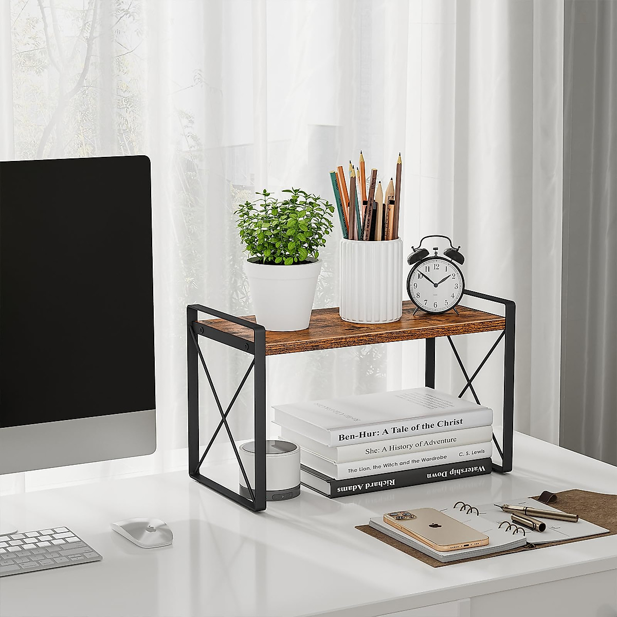 Giikin Countertop Shelf Organizer, Cupboard Stand Spice Rack, Retro Style Cabinet Shelf for Pantry, Kitchen, Bathroom, Reading Room, Bedroom to Save Space (15.7 Inches, Rustic Brown)