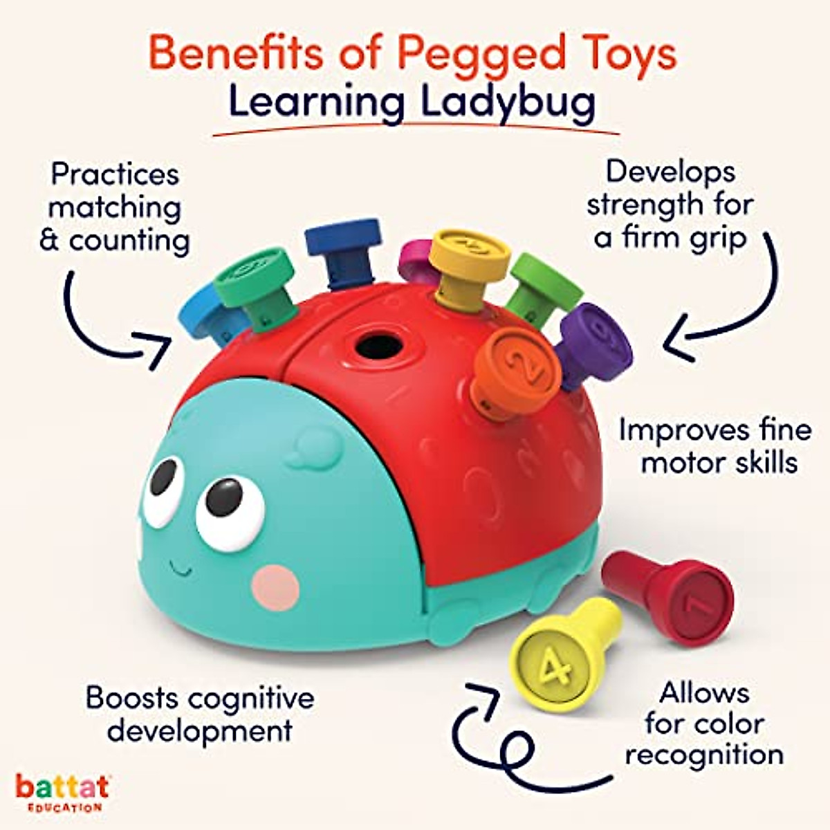 Battat Education – Fine Motor Peg Toy for Toddlers, Kids – Montessori Toy with Pegs – Educational & Developmental Toy – Learning Ladybug – 18 Months + – Learning Ladybug