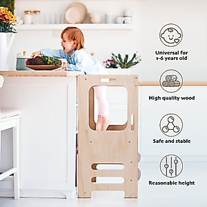 Kitchen Step Stool for Toddler with Kids,Wooden Montessori Learning Stool,with Drawing Board and Educational Number Stickers & Slide,Help Children Stand Tower and Improving Enlightenment Education
