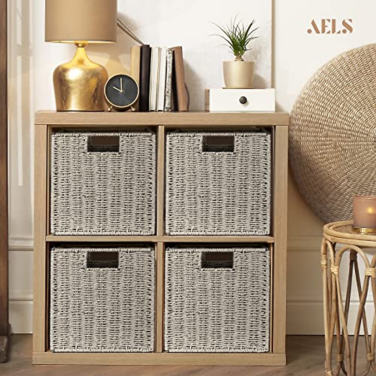 AELS Woven Baskets for Storage, Natural Hand-woven Storage Baskets for Organizing, Cubby Cubes Storage Bins for Shelves, 11" Modern Farmhouse Square Storage Cubes with Handles, Dark Gray, 4 Pack