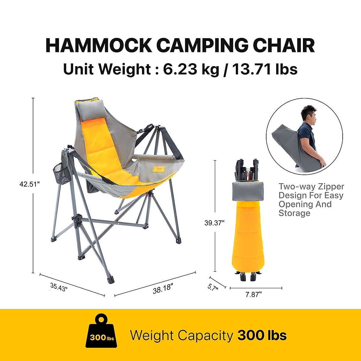Stream Design Portable Swing Hammock Chair | Foldable Recliner Rocking Lounger with Headrest and Drink Holder | For Outdoor & Sports, Beach, Lawn, Hunting, Tailgating, Fishing | Supports 300 Lbs