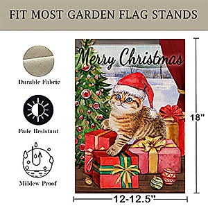 Artofy Merry Christmas Home Decorative Garden Flag, Xmas Tree Ornaments Gifts House Yard Cat Kitty Hat Outside Decor, Winter Holiday Farmhouse Outdoor Small Burlap Decoration Double Sided 12 x 18