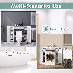 Tangkula Over The Toilet Storage Cabinet, Bathroom Space Saver w/Adjustable Shelves & Paper Holder, Freestanding above Toilet Organizer w/ 2 Side & Pull-Down Door for Bathroom Storage (White)