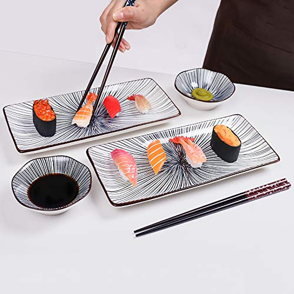 Relaxing Garden 6 piece sushi plate set, 10-inch ceramic rectangle sushi dishes, sushi serving set for 2, with 2 sushi plates 2 sauce bowls 2 pairs of chopsticks