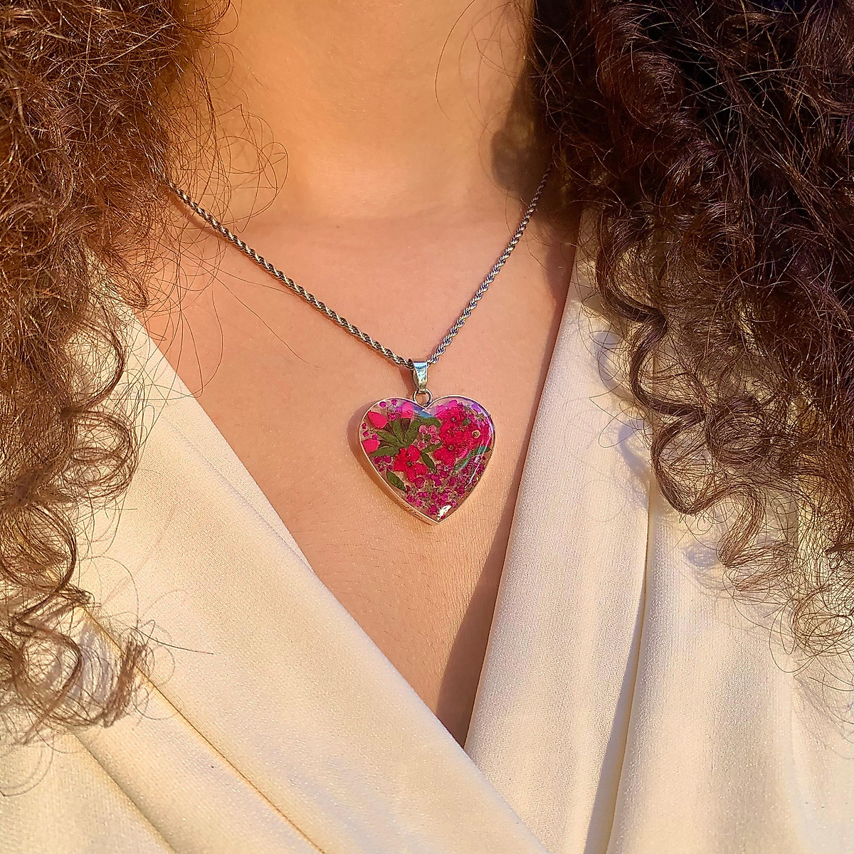 IREKUA Love Heart Necklace for Women 925 Sterling Silver Pressed Flowers Pendant with 20" Stainless Steel Chain Jewelry for Anniversary Birthday Valentines Christmas Gifts for Woman Mother Wife Mom Girlfriend Girl Lady Her with Gift Box