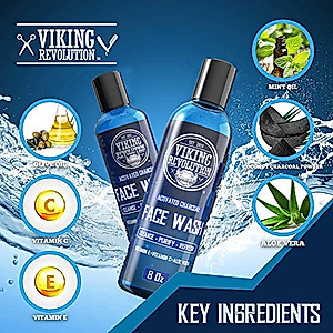 Viking Revolution Charcoal Face Wash for Men- Scrub Away Dirt and Toxins, Skin Cleaning Agent - Cleanse, Purify and Refresh - Daily Charcoal Facial Cleanser - 8 Fl Oz plus a 2 Fl Oz, 2 Piece Set