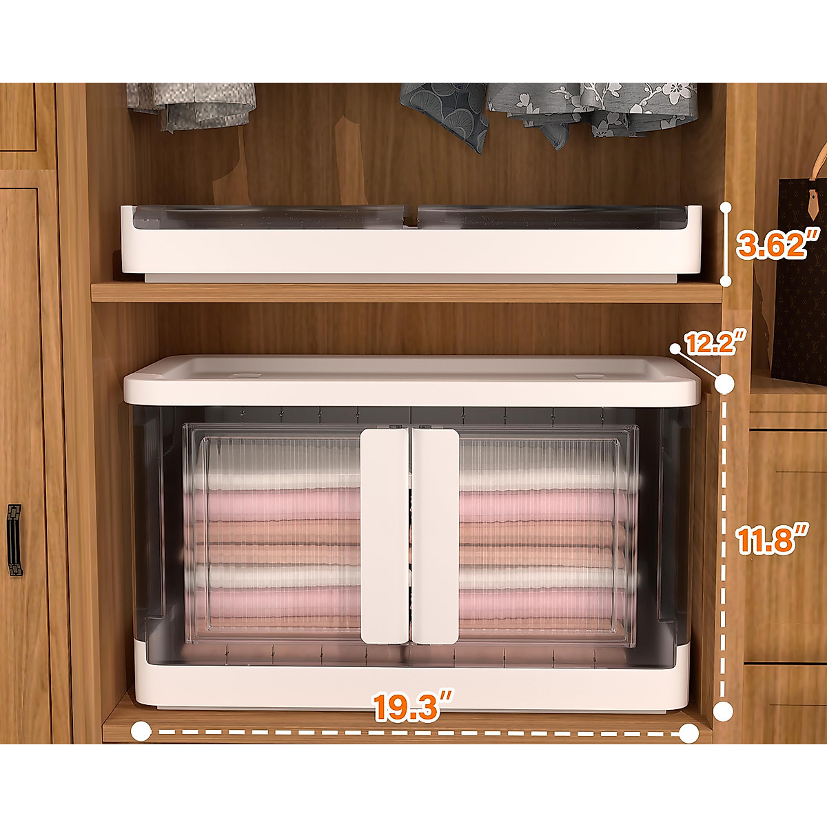 HoneySky 34Quart Storage Bins with Lids and Wheels, Stackable & Collapsible Closet Organizers and Storage, Foldable Storage Containers Plastic Shelves for Clothes Shoe Book, White, 4 Pack