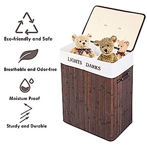 Giantex Double Laundry Hamper Bamboo Foldable Rectangle Hamper with Lid,Cloth Liner and String Handles Storage Bag Laundry Basket(Brown)