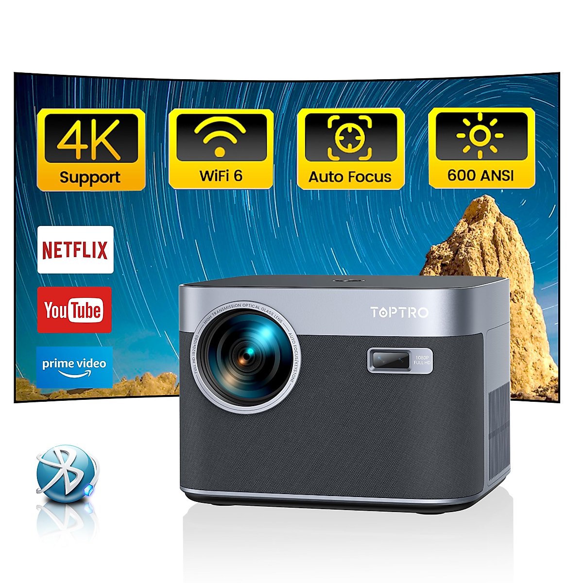 [Auto Focus/Keystone] TOPTRO X7 Android TV Projector with WiFi and Bluetooth, Smart Projector 4K Supported, 600 ANSI, Dust-proof, 50% Zoom, Outdoor Projector with Netflix/YouTube Built-in, 8000+ Apps