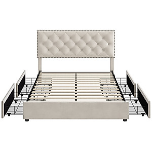HOSTACK Queen Size Bed Frame with 4 Storage Drawers, Modern Upholstered Platform Bed with Adjustable Headboard,Button Tufted Bed Frame with Wood Slat Support,No Box Spring Needed(Beige)