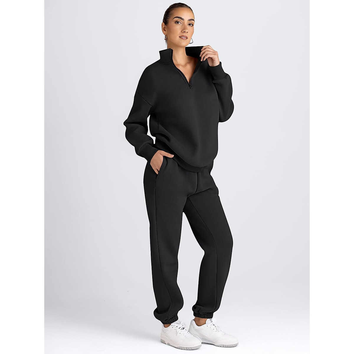 AUTOMET Women's Sweatsuits 2 Piece Outfits Long Sleeve Half Zip Pullover and Baggy Sweatpants with Pockets Black M