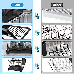 2-Tier Dish Drying Rack, Multifunctional Dish Rack for Kitchen Counter, Rustproof Kitchen Dish Drying Rack,Space-Saving Dish Drying Rack with Utensil Holder,Cups Holder,Extra Drying Mat,Large-Capacity