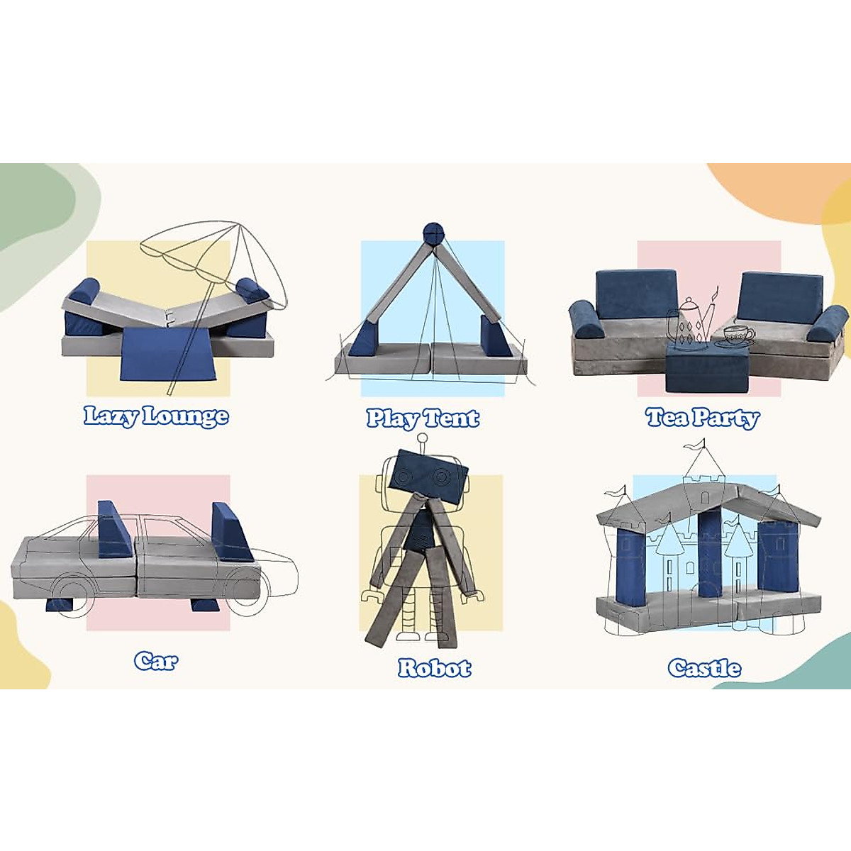 Annualring Kids Play Couch, 9 pcs Toddler Couch Sofa for Kids Imaginative Furniture Play Set for Creative Kids,Toddler to Teen Bedroom Furniture, Climbing Floor Cushion Foam Play Couch Indoor Outdoor