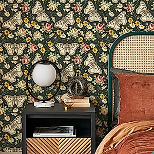 VaryPaper Dark Floral Wallpaper Peel and Stick Vintage Daisy Peony Butterfly Mural 17.7"x78.7" Waterproof Removable Black Contact Paper for Cabinets Drawers Walls