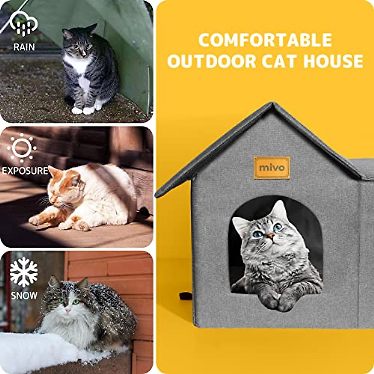 mivo Weatherproof Cat Houses for Outdoor/Indoor Cats, Collapsible Warm Feral Cat Shelter with Removable Soft Mat, Easy to Assemble Big Cat Bed for Winter