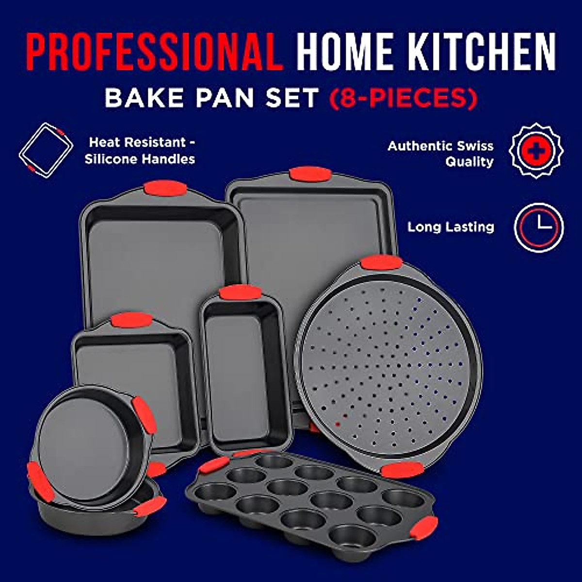 Baking Set – 8 Piece Kitchen Oven Bakeware Set – Deluxe Non-Stick Black Coating Inside and Outside – Carbon Steel – Red Silicone Handles – PFOA PFOS and PTFE Free by Bakken