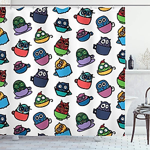 Ambesonne Owls Shower Curtain, Funny Owl in a Coffee Tea Espresso Mug Cup Morning Cafe Childish Cheerful Art, Cloth Fabric Bathroom Decor Set with Hooks, 69" W x 70" L, Multicolor