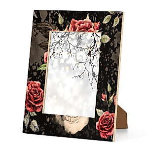 POFATO Skull Red Rose 5x7 Picture Frame Wood Photo Frame for Tabletop Display Wall Mount Picture Frame Display 5 x 7 Inch Photo Wall Decor Home Gift Frames