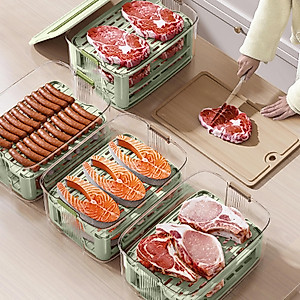 Food Storage Container for Fridge,4-Layer Lunch Meat Container for Refrigerator, Plastic Food Containers with Drain Plate and Lid, Food Storage Boxes with Lid for Fruits, Vegetables, Meat (Green)