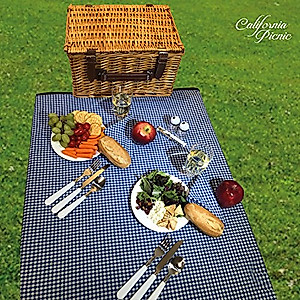 Picnic Basket Set - 2 Person Picnic Hamper Set - Waterproof Picnic Blanket Ceramic Plates Metal Flatware Wine Glasses S/P Shakers Bottle Opener Blue Checked Pattern Lining Picnic Set | Picnic Tote