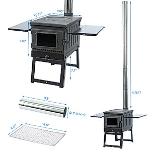 PMNY Wood Burning Stove, Hot Tent Stove Kit with Chimney Pipes, Side Racks and View Window, Multipurpose Camping Stove for Tent, Shelter, Heating and Cooking