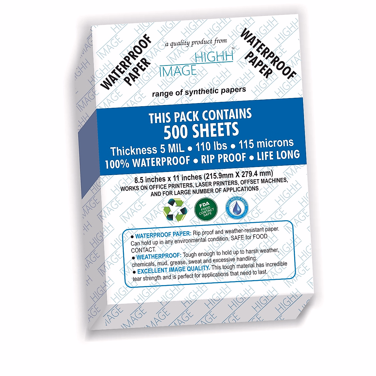 Waterproof Paper | 500 Sheets Bulk Pack Non-Tear Paper for Laser Printers 5 MIL 110 LB, Synthetic Double Sided Paper, 8.5X11 from HIGHH IMAGE | Print with Laser Printers