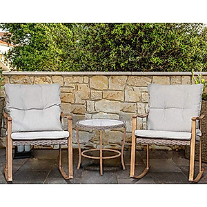AQUILLA 3 Pieces Rocking Chairs Table, 350lb Capacity Outdoor Patio Furniture Set Woodgrain w Grey Cushions and Round Glass Top Desk for Garden, Porch, Backyard