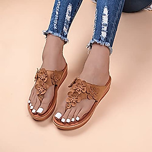Ladies Fashion Summer Leather Flower Decorative Clip Toe Slope Heel Slippers Womens Summer Sandals Under 10 (Brown, 8)