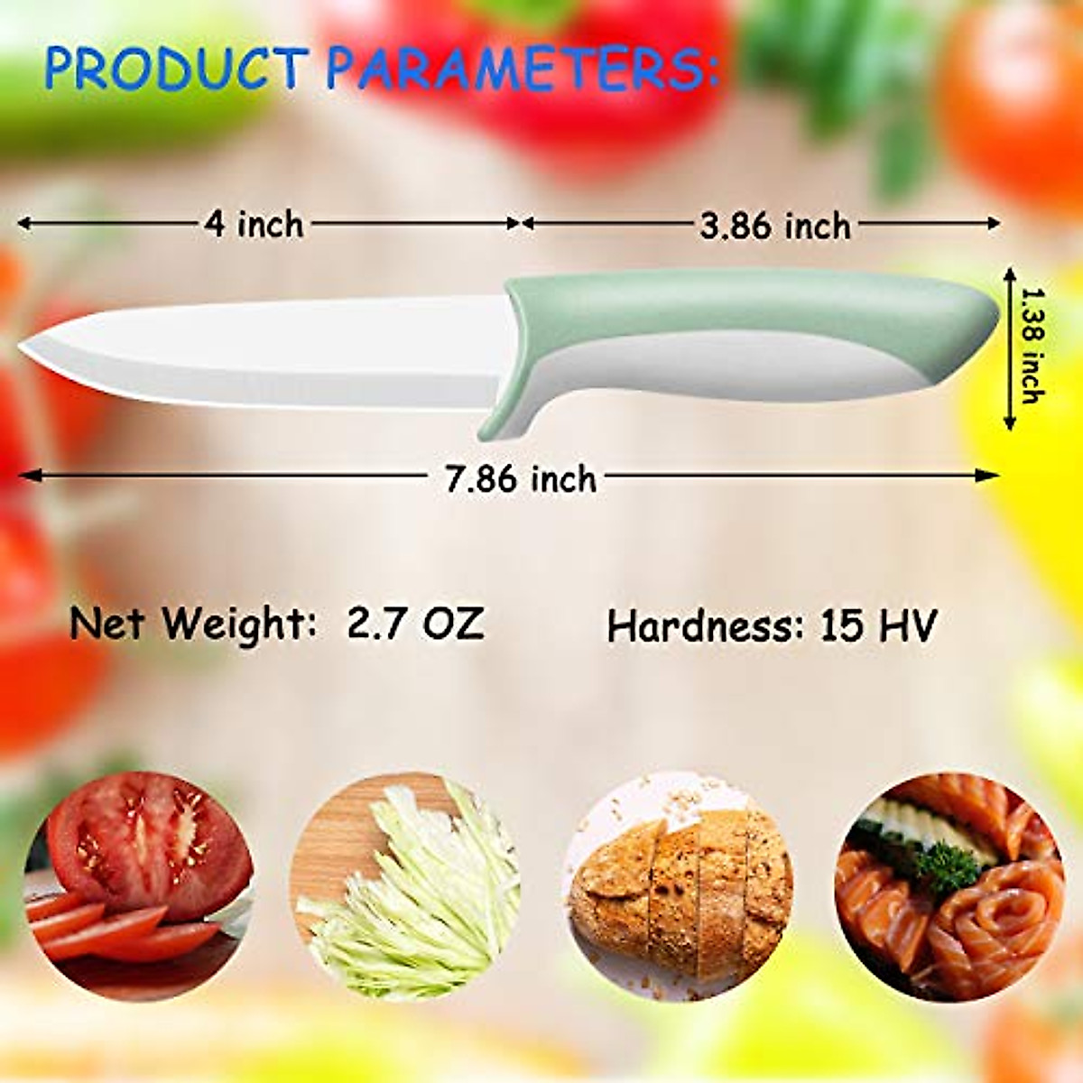 Premium Ceramic Knife 4 inches, Kitchen Paring Knife - Ultra Sharp Fruit Knife for Vegetable Food with Hippo Shaped Cover, Small Portable Pairing Knives Food knife with Sheath, Green, by Jonbyi