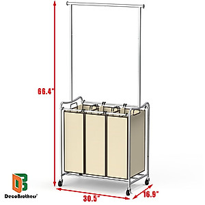 DecoBrothers Heavy Duty 3 Bag Extendable Laundry Sorter Cart with Hanging Bar, Beige