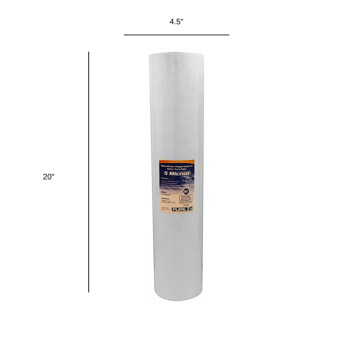 PureT BVB2000005 20x4.5" Water Sediment Filter - NSF Certified - Spun Poly Filter Removes Sediment and Other Organic Debris (5 u Micron Rated)