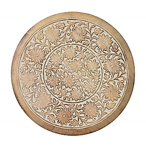 Homxi End Table 18" L x 18" W x 18" H,Intricately Carved Round Top Mango Wood Side End Table with Pedestal Base, Brown and White End Table for Living Room