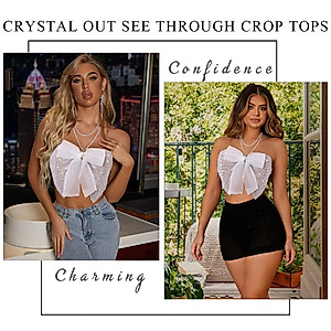 Wriidy Rhinestone Bra Bikini Sparkly Beach Top Mesh Fishnet Pearl Underwear Body Chain Accessories Nightclub Jewelry for Women and Girls (White)