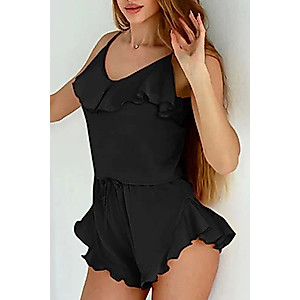 CHYRII Women's Sexy Silk Satin Ruffled Pajamas Sets Cami Shorts Sets Cute PJS Lingerie Slppewear Set Black M