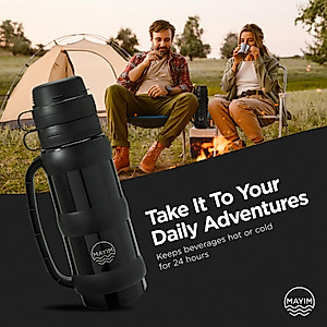 Mayim King Stainless-Steel Vacuum-Insulated Thermos Beverage Bottle with 2 Cups, 34 Ounces, Black, H14039WB
