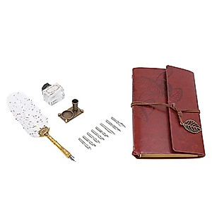 VBESTLIFE Antique Feather Dip Calligraphy Pen Set, Quill Pen Notebook Set Includes Empty Ink Bottle, Pen Nib, Pen Holder, Quill Pen, Notebook, Wedding, Birthday White Dots