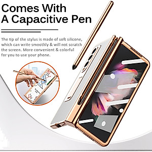 Miimall Compatible for Samsung Galaxy Z Fold 3 Case with S Pen, Stylus Pen with Pen Holder+Tempered Glass Screen Protector+Plating All-Inclusive Hinge Leather Case for Samsung Galaxy Z Fold 3 (White)