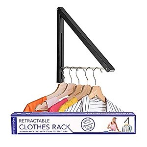 Stock Your Home Single Foldable Clothing Rack, Wall-Mounted Retractable Clothes Hanger for Laundry Dryer Room, Hanging Drying Rod, Small Collapsible Folding Garment Racks, Dorm Accessories (Black)