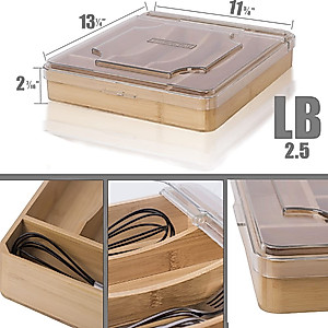 Kitchen Drawer Organizer, 13 Inch Silverware Utensil Tray Holder,with Removable Lid, 5 Slots Total Bamboo Wood Caddy for Flatware Cutlery Knives, Forks, Spoons.