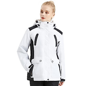 FREE SOLDIER Women's Waterproof Ski Jacket Fleece Lined Warm Winter Snow Coat with Hood Fully Taped Seams(White Black,L)
