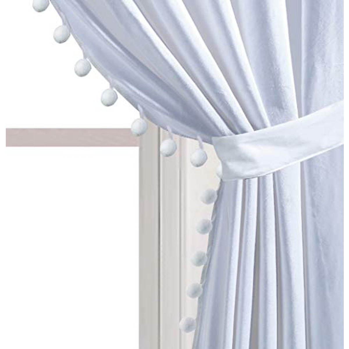 Masterplay Modern 4 - Piece Premium Solid White Velvet Curtain Set with Pom Pom Trim. Drapes/Window Panels 116" Wide X 84" Tall
