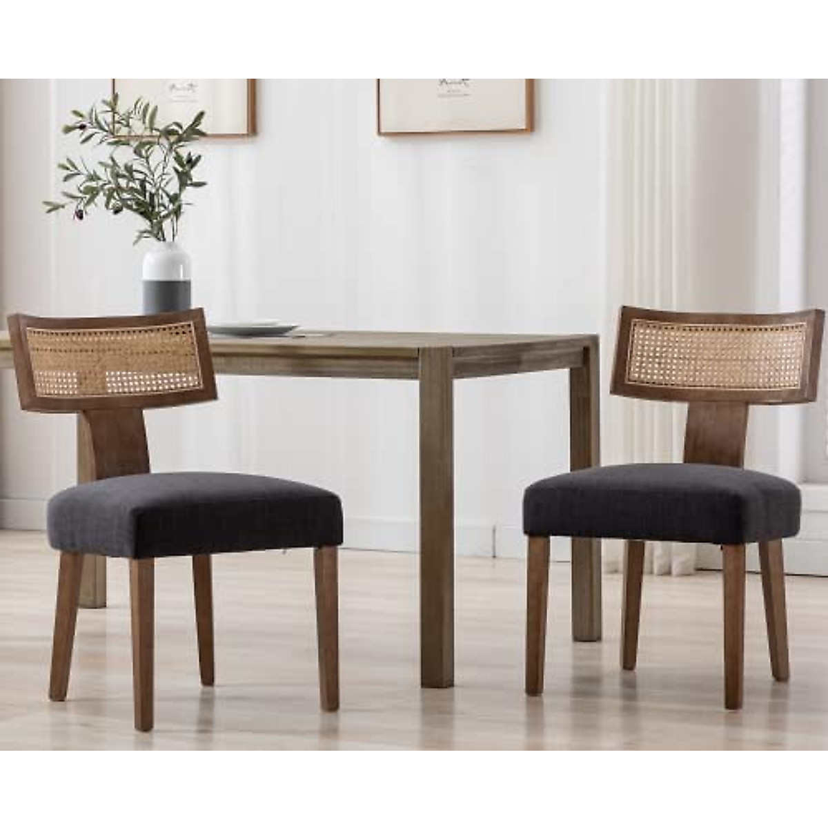 CIMOTA Upholstered Rattan Dining Chairs Set of 2 Mid Century Modern Kitchen & Dining Room Chairs Linen Farmhouse Armless Side Chair with Wood Frame/Curved Backrest, Charcoal