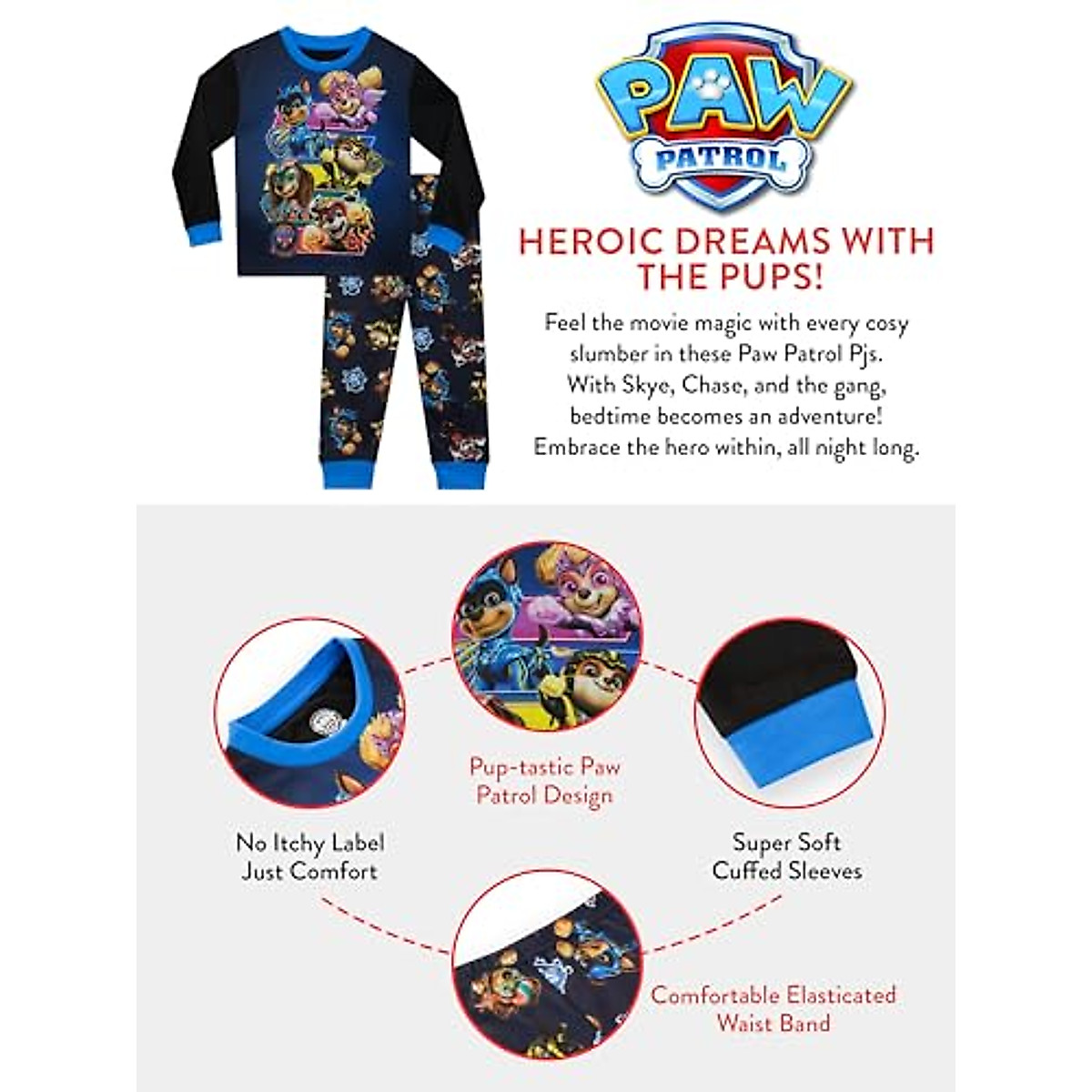 Paw Patrol Pajamas | The Mighty Movie Pajamas For Boys | Marshall Chase And Skye PJs For Kids | Blue | 8