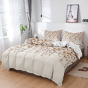Orange Floral Fall Vines Vintage Linen Duvet Cover Sets 4 Piece Queen Ultra Soft Bed Quilt Cover Set for Kids/Teens/Women/Men,Autumn Flower Leaves Bedding Collection All Season Use