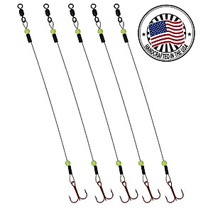 Tooth Shield Tackle Ice Fishing Tip Up Leader/Rig (90 lb) / Ice Fishing Sucker Walleye Pike Musky Predator Rig (5 Pack) [Camo Wire/Chartreuse Bead] (Hook Size: 1)