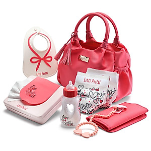Litti Pritti Baby Doll Accessories Set - 9-Piece Diaper Bag Playset with Baby Doll Diapers, Magic Bottle, Silicone Bib, Wipes, Teether, Changing Pad, and More - Baby Doll Stuff for Ages 3-8 Years