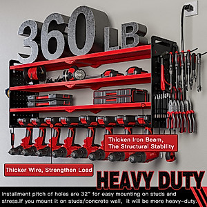 NattyDot Power Tool Organizer Wall Mount with Charging Station,Cordless Tool Organizer 8 Drill Holder, 4 Layer Storage Rack for Garage Organization,Tool Holder with 8 Outlet Power Strip (Red)