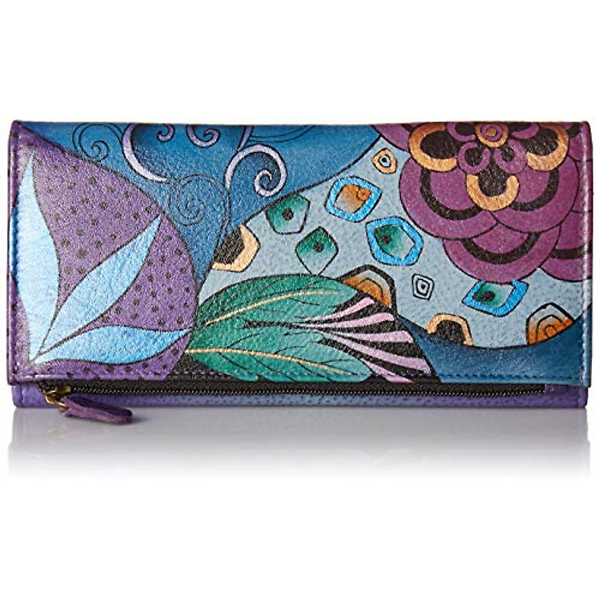 Anna by Anuschka Women's Hand-Painted Genuine Leather Three Fold Clutch - Tribal Potpourri Eggplant
